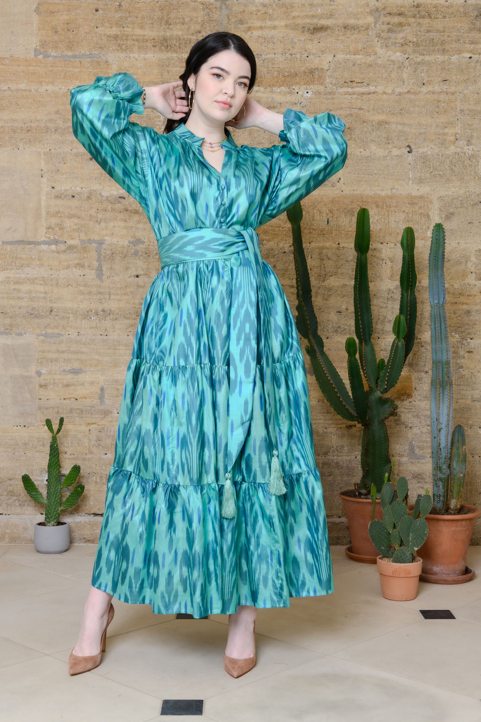 Hand-Woven Silk Ikat Tiered Dress with Bell Sleeves - Feruza - 'Turquo ...